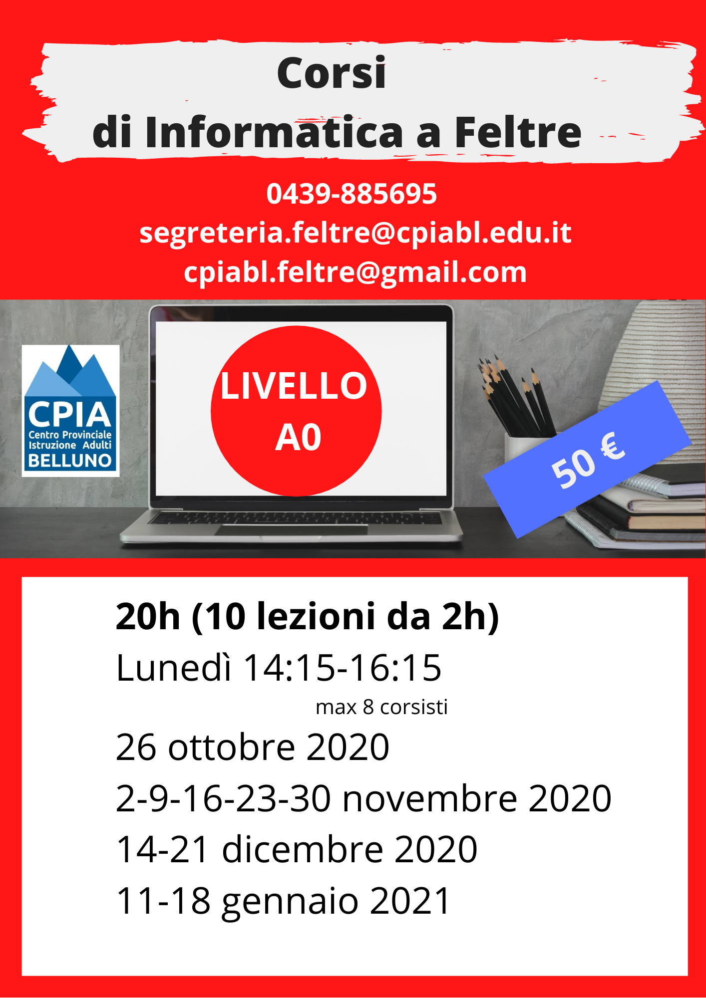 Inizio Corsi di Informatica a FELTRE Livello A0 e A1 - CPIA Belluno, Feltre, Pieve di Cadore